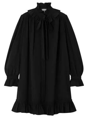 Chloé Pussy-bow Ruffled Organic Silk-crepe Mini Dress - Black