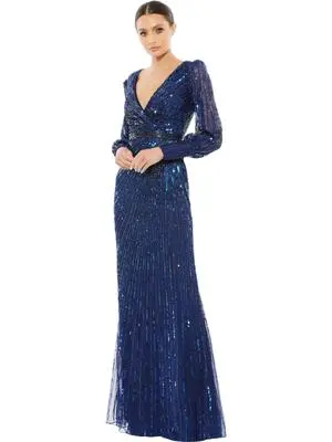 Mac Duggal Sequined Wrap Over Bishop Sleeve Gown - Navy