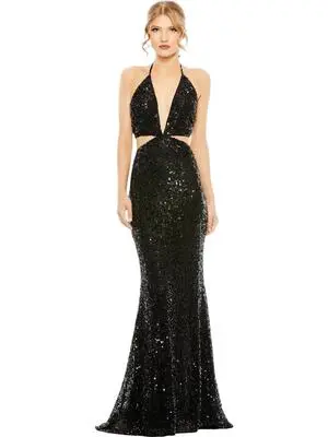 Mac Duggal Sequin Halter Gown With Cut Outs And Tie Back - Black