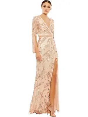 Mac Duggal Sequined Faux Wrap Long Sleeve Gown - Pink