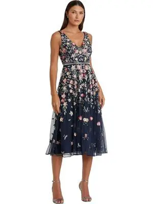 Mac Duggal V-neck Sleeveless Midi A-line Dress - Navy