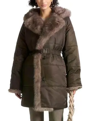 Manière De Voir Belted Faux-fur Trim Quilted Coat - Brown
