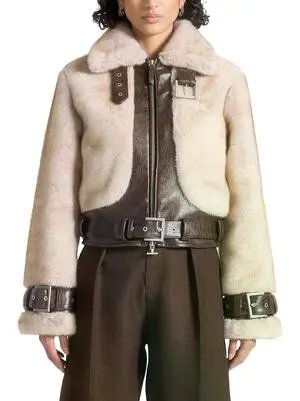 Manière De Voir Plush & Faux Leather Belted Jacket - Neutrals