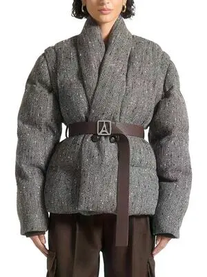MANIÈRE DE VOIR Inez Herringbone Belted Puffer Jacket
