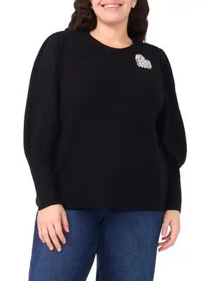 CECE DUPRAZ Faux Pearl Heart Applique Knit Sweater - Rich Black
