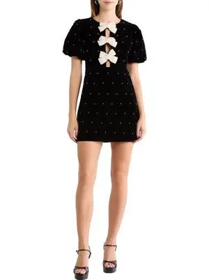 ALL IN FAVOR Puff Sleeve Bow Minidress - Black