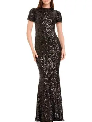 Dress The Population Sequin Mermaid Gown With Short Sleeves - Black