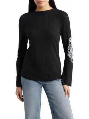 NIKKI LUND Lund Embroidered Rib Thermal Top - Black