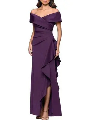 XSCAPE EVENINGS Off-the-shoulder Scuba Mermaid Gown - Plum