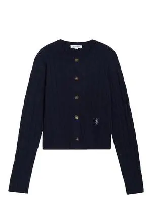 SPORTY & RICH Src Monogram Cashmere & Wool Cable Knit Cardigan - Dark Navy