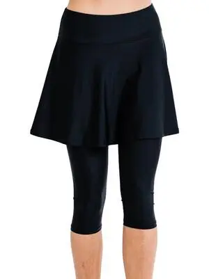CALYPSA Flared Swim Skort With Capri Leggings - Black