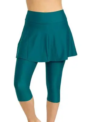 CALYPSA Flared Swim Skort With Capri Leggings - Dark Jade