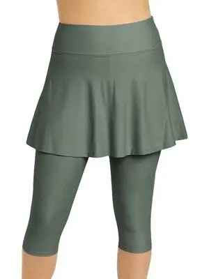 CALYPSA Flared Swim Skort With Capri Leggings - Sage Green