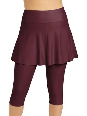 CALYPSA Flared Swim Skort With Capri Leggings - Wine