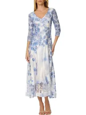 Komarov Border Print Charmeuse Dress With Lace Sleeves - Indigo Vine