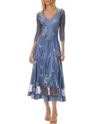 Komarov Paisley Charmeuse Dress With Lace Sleeves - Paisley Fleur