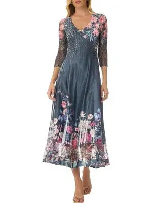 Komarov Floral Charmeuse Dress With Lace Sleeves - Florenza