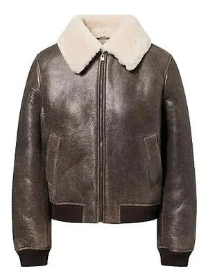 FRAME Shrunken Shearling Leather Bomber Jacket - Cardamom