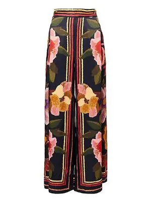 Farm Rio Floral Chenille Embroidered Wide-leg Trousers - Chenille Flowers Black