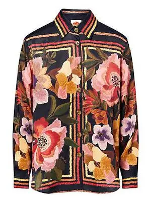 Farm Rio Floral Chenille Embroidered Woven Shirt - Chenille Flowers Black