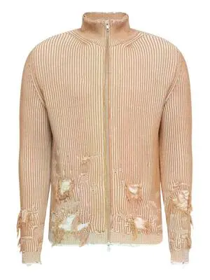 MAISON MARGIELA Ribbed Distressed Zip-up Cardigan - Neutrals