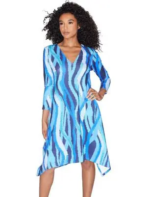Natori Jagged Swirl Knit Crepe Long Sleeve V-neck Dress - Blue
