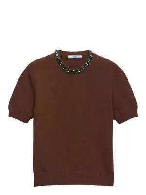 Prada Jewel Embellished Wool Cashmere Blend Sweater - Brown