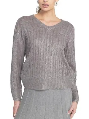 ELLE COLLECTION Metallic Cable Knit Pullover - Silver