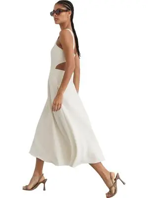 REISS Dina Waisted Cut-Out Twill Midi Dress Ivory