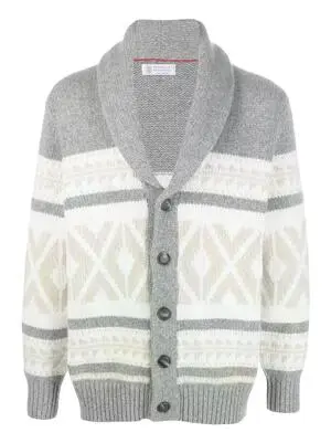 Brunello Cucinelli Pattern-intarsia Knitted Cashmere Cardigan - Grey