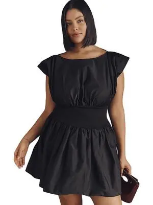 ELOQUII Shirred Taffeta Mini Dress - Black