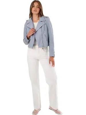 LAMARQUE Donna Leather Biker Jacket - Light Blue Denim