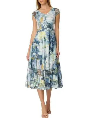 Komarov Abstract Floral Charmuese Dress With Lace Cap Sleeves - Painted Petal
