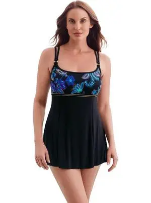 LONGITUDE Empire Princess Seam Long Torso Swim Dress With Hardware - Majorelle Garden