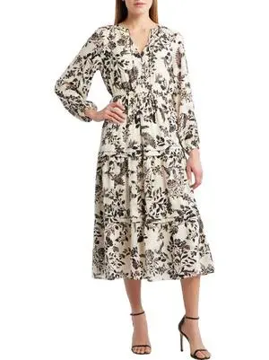 Anne Klein Floral Print Long Sleeve Dress - Swan White/anne Black