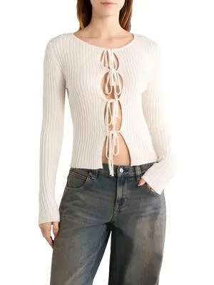PACSUN Ribbed Tie-front Sweater - Ivory