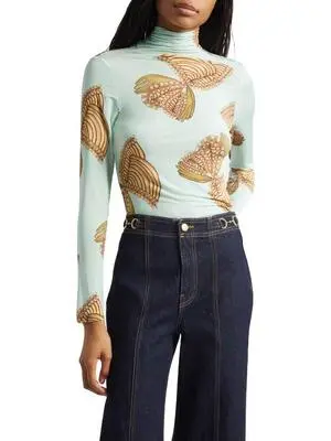 Ulla Johnson Aurelia Butterfly Print Turtleneck Top - Water Blossoms