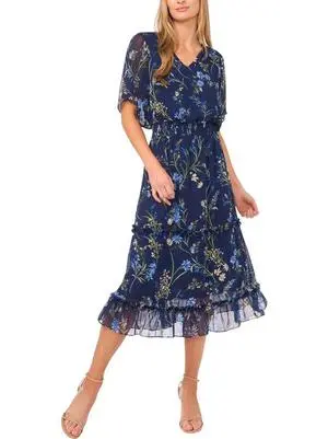 CECE DUPRAZ Floral Smock Waist Midi Dress - Classic Navy