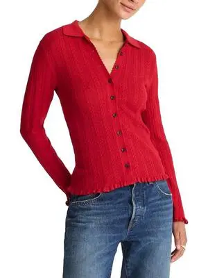 Madewell Ruffle Trim Pointelle Cardigan - Crimson