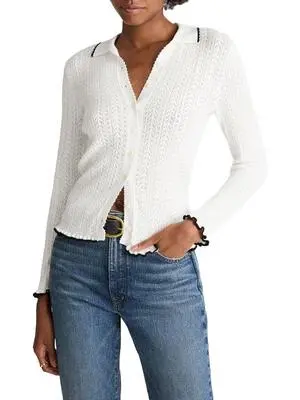 Madewell Ruffle Trim Pointelle Cardigan - Soft White W/black Tipping