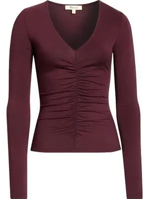 Madewell Shirred V-neck Long Sleeve Top - Dark Pomegranate