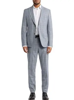 BOSS Huge Slim Fit Grey Glen Check Wool Suit - Open Blue