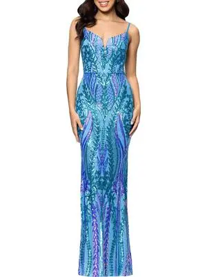 BLONDIE NITES Sequin Sleeveless Mermaid Gown - Aqua Multi