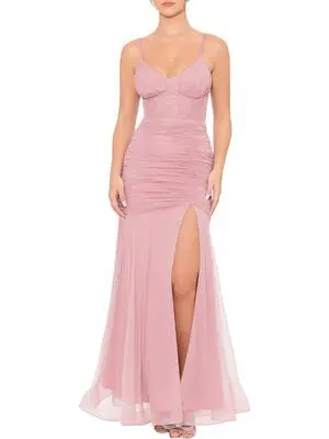 BLONDIE NITES Ruched Corset Mermaid Gown - Rose