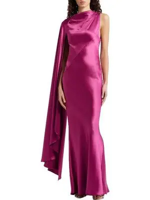 Acler Ropley Drape Bias Cut Satin Maxi Cocktail Dress - Iris