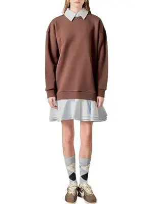 English Factory Long Sleeve Mixed Media Sweatshirt Minidress - Brown/powder Blue