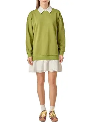 English Factory Long Sleeve Mixed Media Sweatshirt Minidress - Olive/white