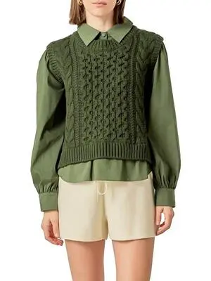 English Factory Mixed Media Cable Stitch Sweater - Olive