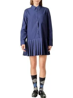 English Factory Pleated Long Sleeve Shirtdress - Navy