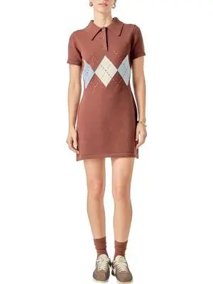 English Factory Argyle Knit Polo Mini Dress - Brown Multi